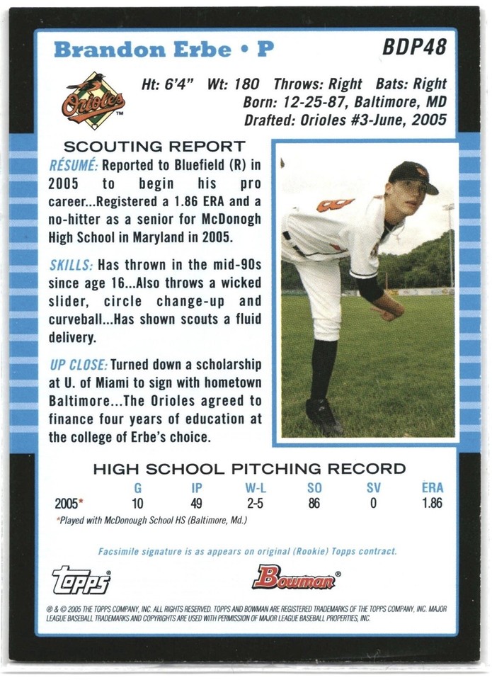 2005 Bowman Draft Brandon Erbe First Year Baltimore Orioles #BDP48 | eBay