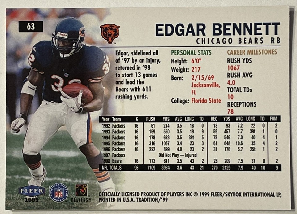 1999 Fleer Tradition Football Card #63 Edgar Bennett | eBay