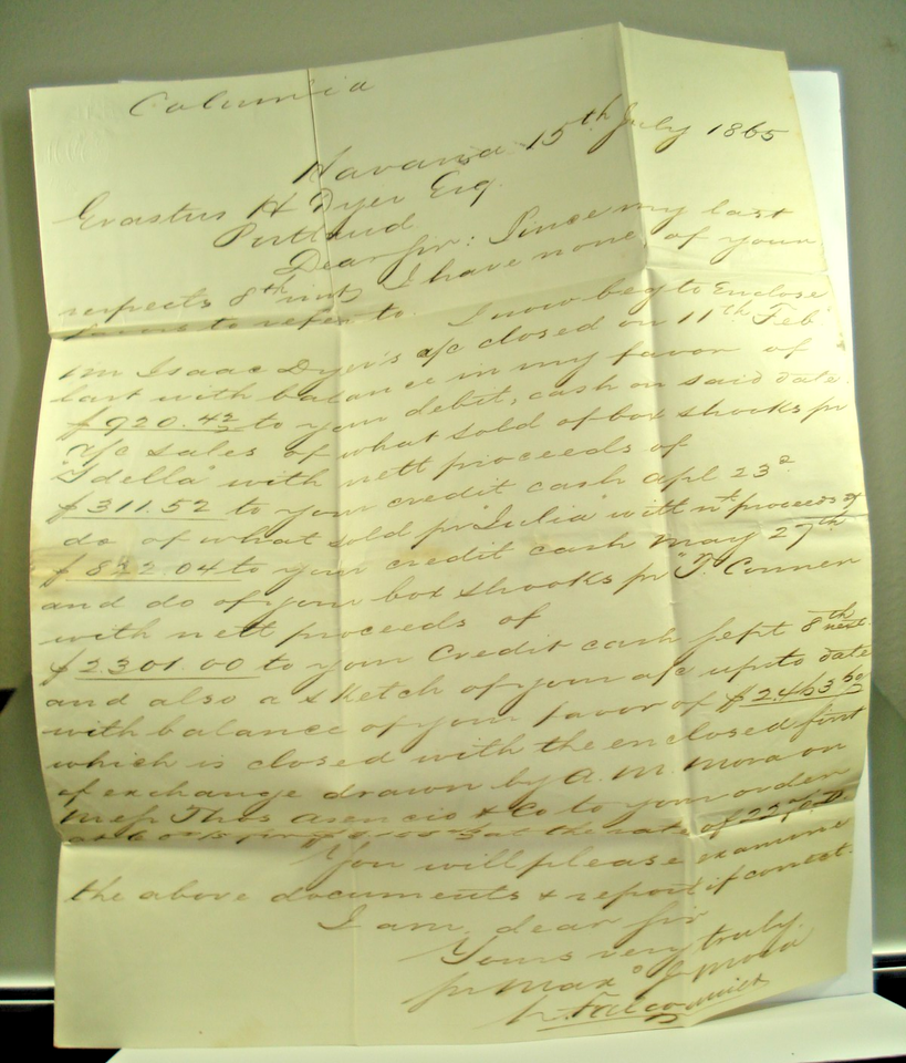 1865 Bold STEAM SHIP Straight-line per SS COLUMBIA Stampless ERASTUS ...