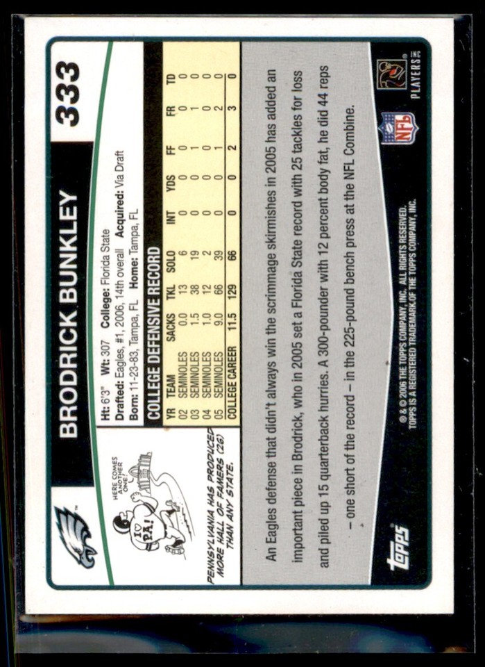 2006 TOPPS BRODRICK BUNKLEY RC PHILADELPHIA EAGLES #333 | eBay