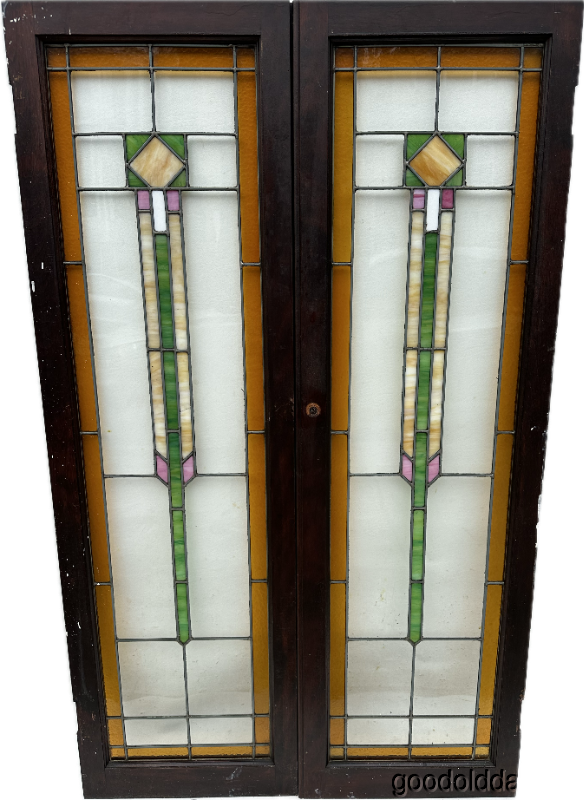Pair of Stained Leaded Glass Cabinet Doors / Windows Circa 1915 Window ...