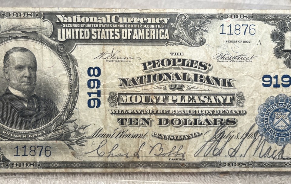 1902 Peoples National Bank of Mount Pleasant Pa. #9198, Fine, $10 Note ...