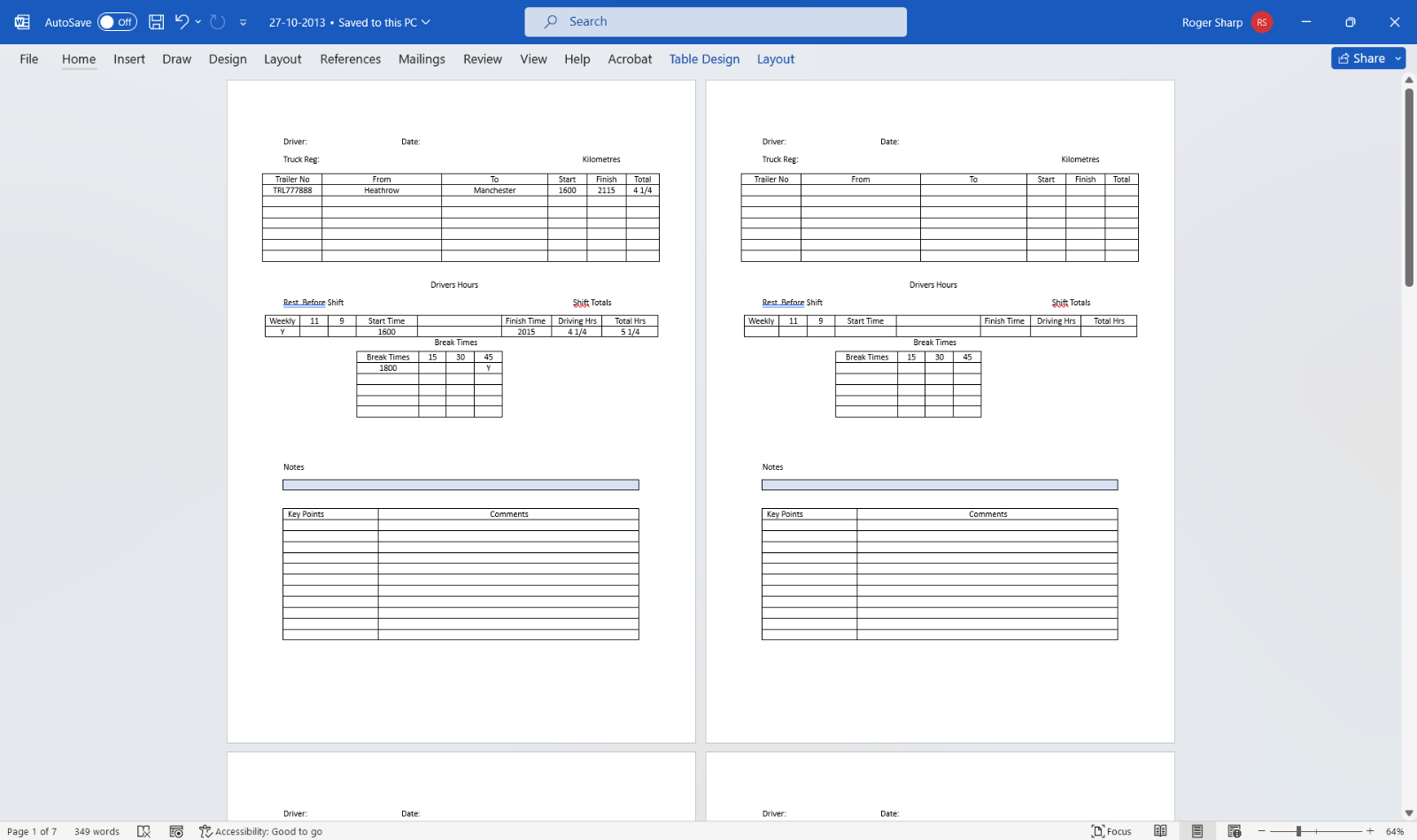 HGV Drivers Diary Shift Log Book HGV Drivers Logbook Truckers Daily ...