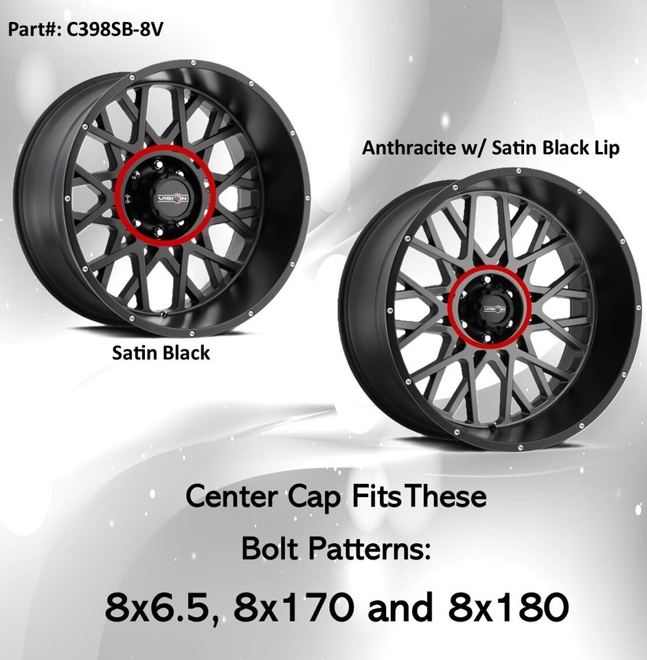 Set 4 Vision 398 Manx 412 Rocker C398SB-8V Satin Black Center Cap 8x6.5 ...