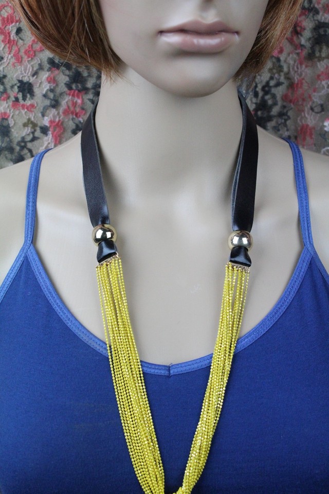 Beaded Chain Fringe Necklace Set W/ Black Faux Leather Toggle Closure ...