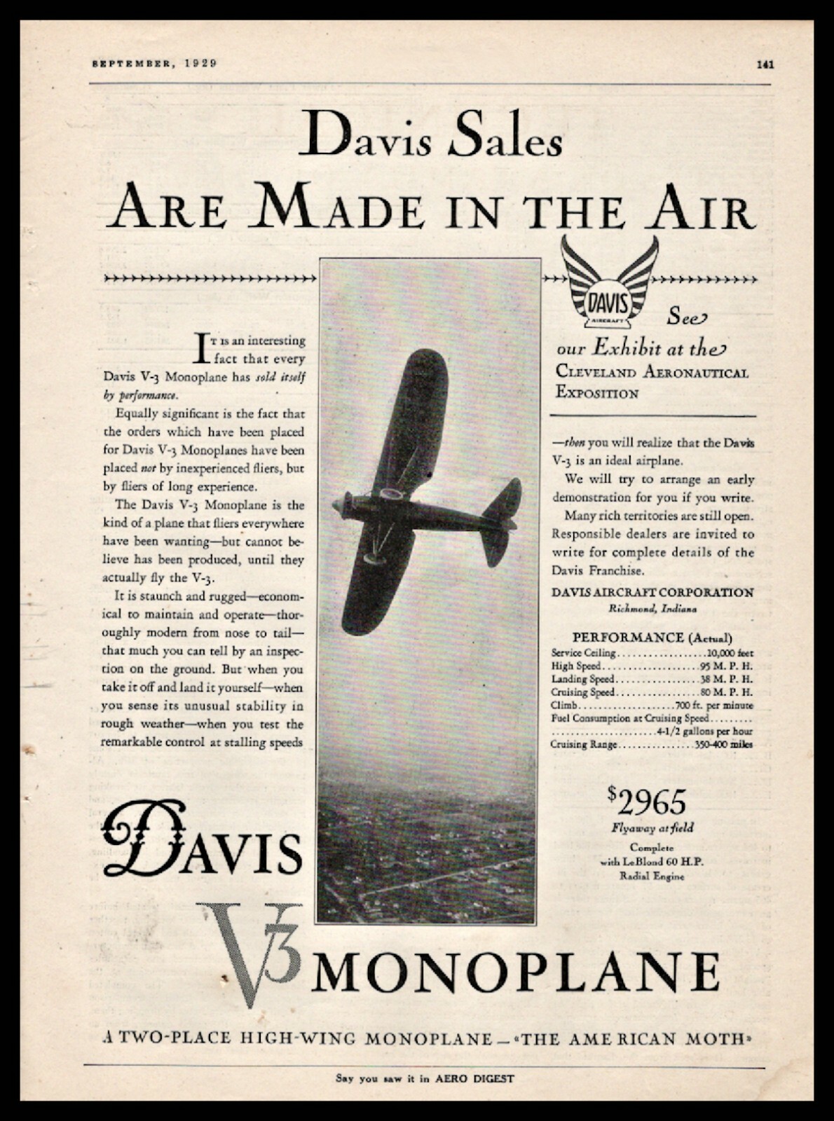 1929 DAVIS Aircraft V-3 MONOPLANE Antique Plane Aviation AD Richmond ...