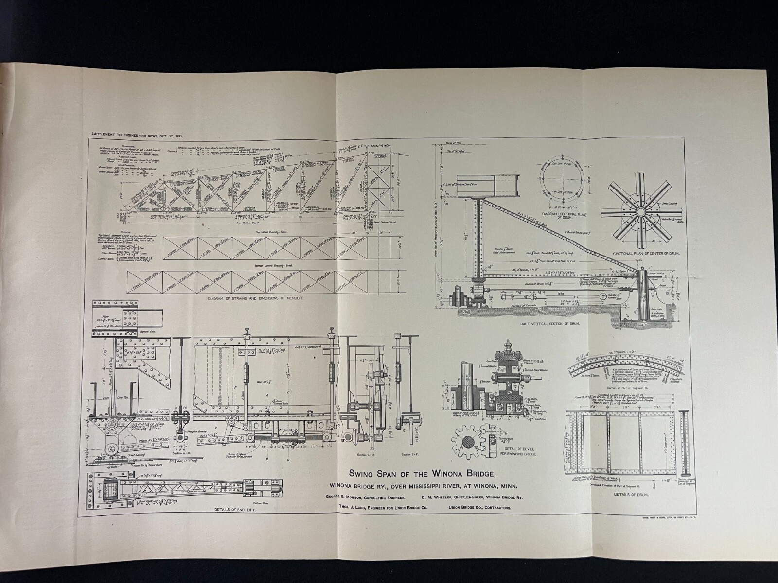 1891 Antique Industrial Drawings Swing Span of the Winona Bridge | eBay