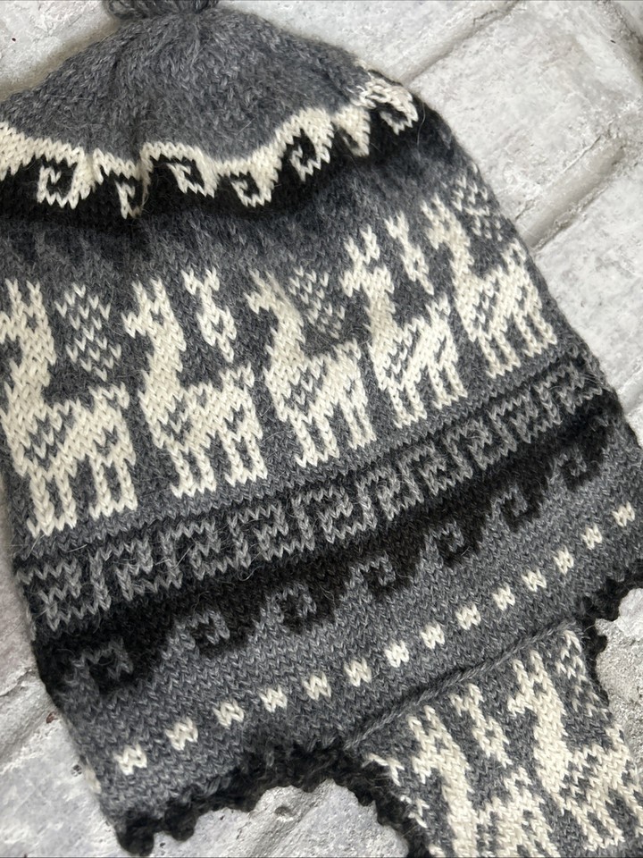 Peru Alpaca Knit Wool Hat with Ear Flaps & Ties Traditional Andean ...