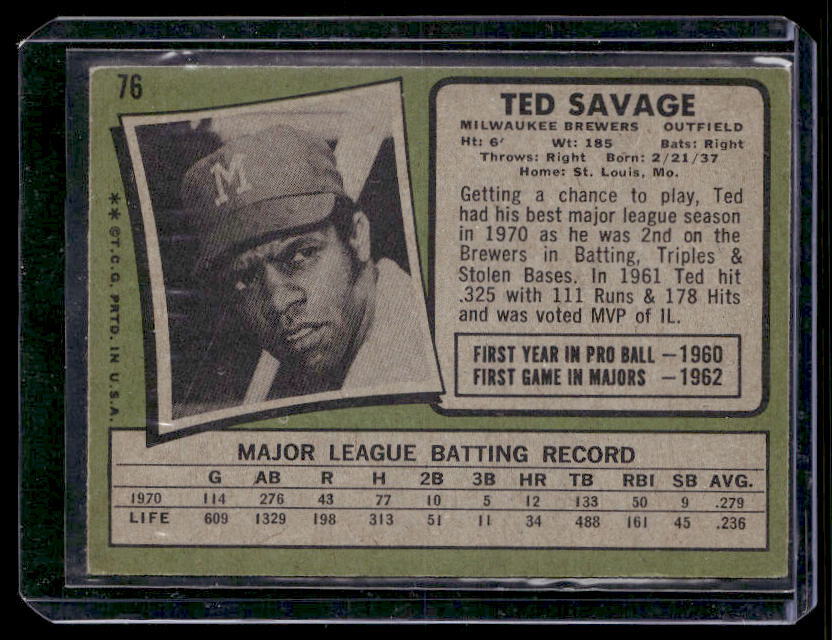 1971 Topps #76 Ted Savage Milwaukee Brewers VG-EX+ Baseball Card *A985 ...