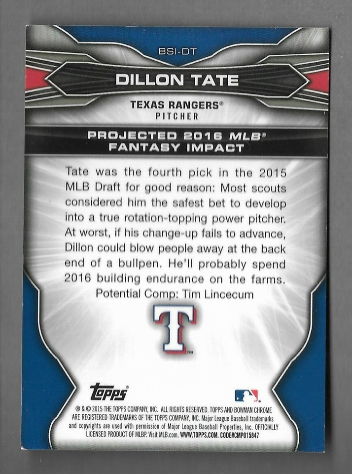 DILLON TATE 2015 BOWMAN CHROME SCOUTS COLOR BURST REFRACTOR #BSI-DT ...