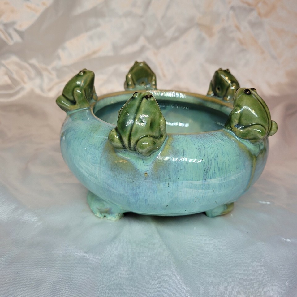 Vintage Blue Green Majolica Style Frog Planter W/5 Frogs On Rim And 3 ...