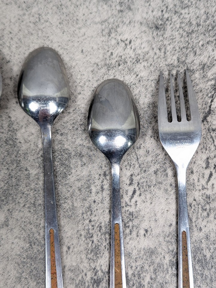 Vintage 6 pc ROYAL CREST Stainless Set Faux Wood Inlay Handle Japan MCM ...