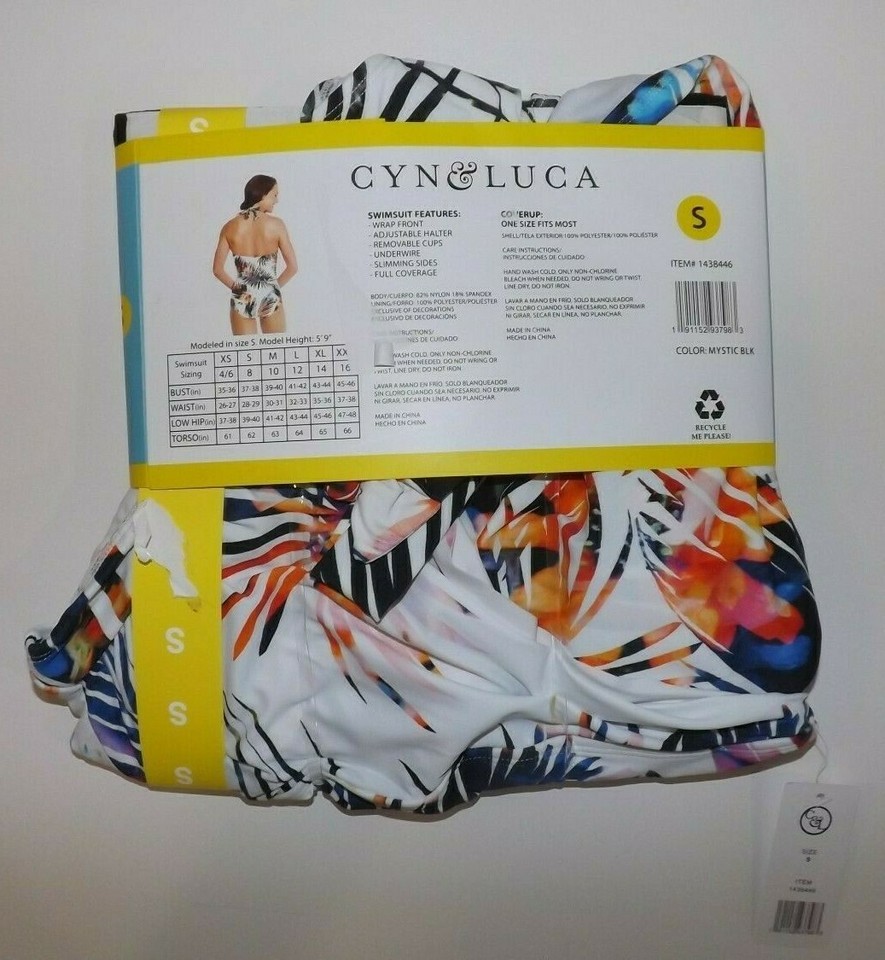 Cyn & Luca Swimsuit Set Halter 1pc Kimono Coverup White Mystic Black S ...