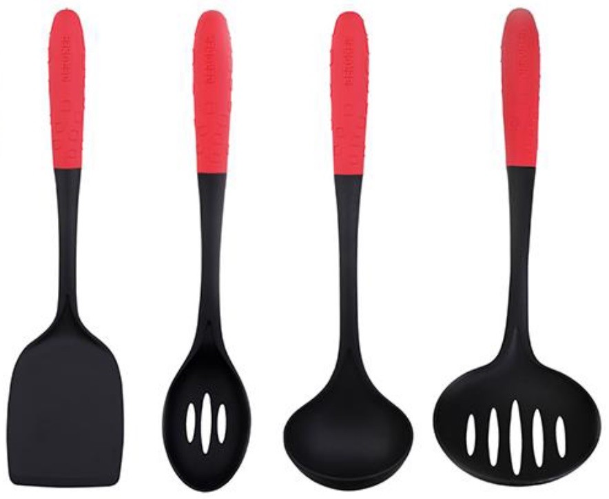 Bergner Set 4 Red & Black Nylon Kitchen Utensils Ladle Spoon Slotted ...