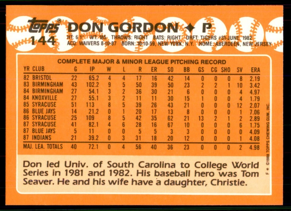 1988 Topps Tiffany Don Gordon Baseball Cards #144 | eBay