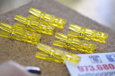 Set/6 YELLOW clothes pin bulletin board pushpins, thumbtacks, or ...