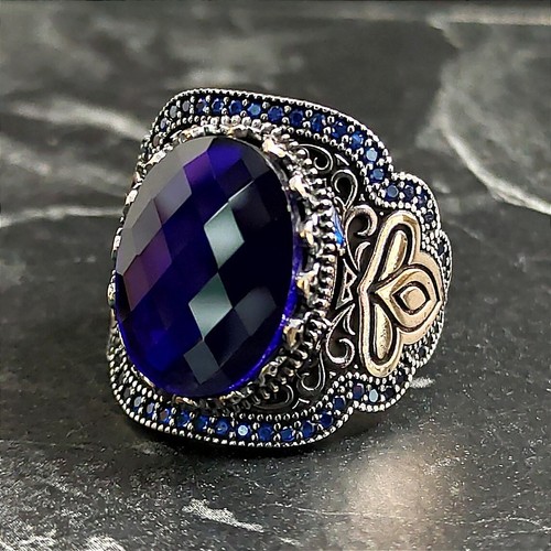 Mens Oval Dark Blue Sapphire Gemstone Silver Ring , Silver 3 Petal Rosebud Ring | eBay