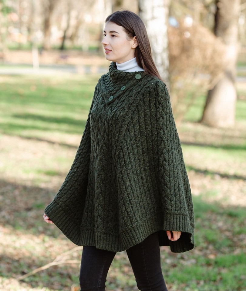 SAOL 100% Merino Wool Irish Cape Cowl Neck Button Poncho Women's Aran ...
