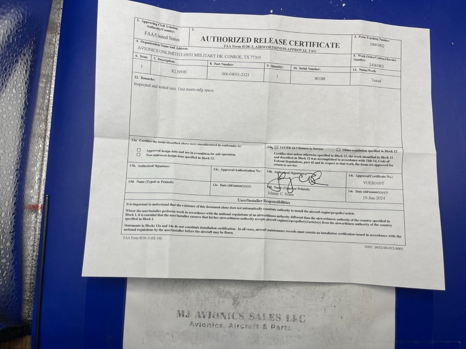 BENDIX/KING KLN -90B GPS P/N 066-04031-2121 WITH FAA FORM 8130-3 | eBay