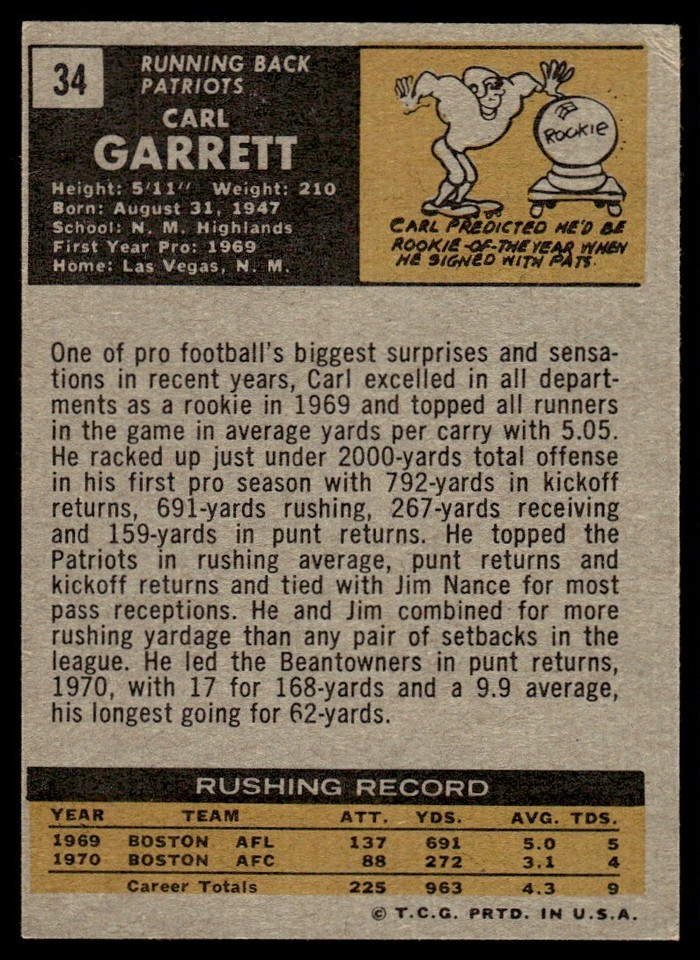 1971 Topps Carl Garrett Rookie New England Patriots #34 | eBay