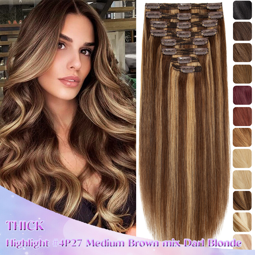 Double Weft Clip in Human Hair Extensions FULL HEAD THICK Russian Remy ...