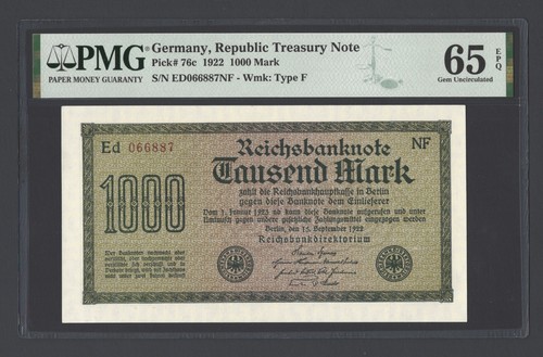 Germany- Republic Banknote 1000 Mark 1922 P76c Uncirculated Grade 65 | eBay