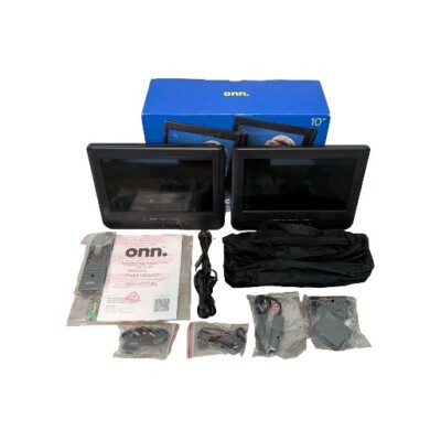 Onn 10" Dual Screen Portable DVD Player Family Roadtrip Kit Bundle ...