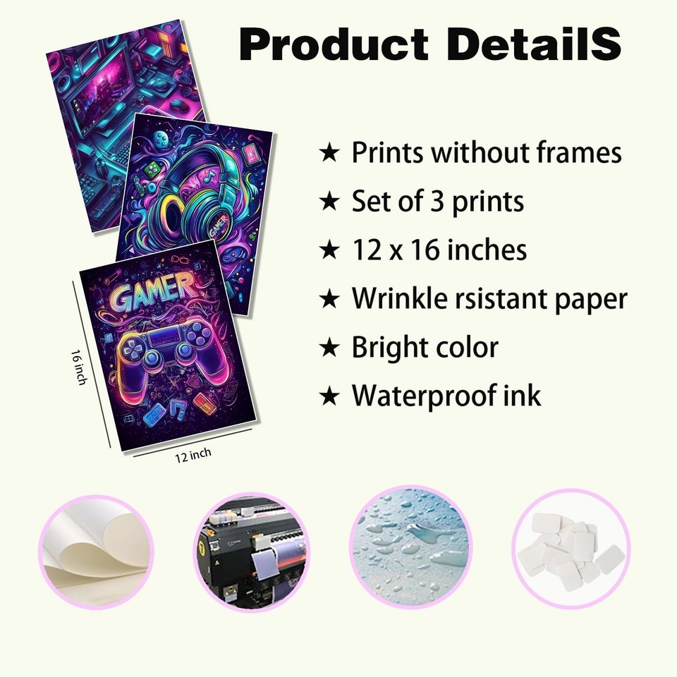 GAMER Gaming Room Canvas Wall Art Set of 3, Game Posters Wall Decor ...