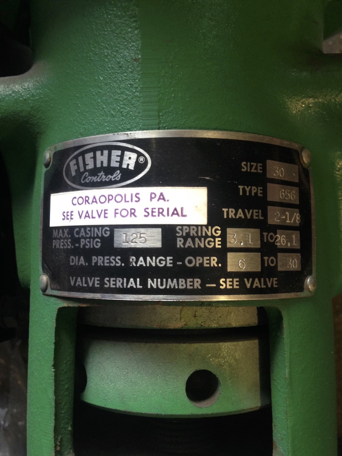 FISHER TYPE 656 PNEUMATIC CONTROL VALVE ACTUATOR SIZE 30 125PSIG MAX ...