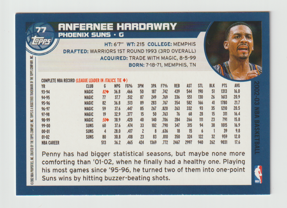 2002-03 Topps Basketball #77 Anfernee Hardaway - Phoenix Suns | eBay