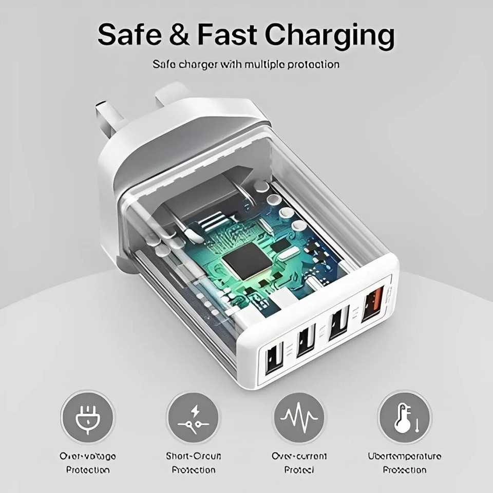 4 Multi-Port Fast Quick Charge USB Hub Mains UK Plug Adapter Wall ...