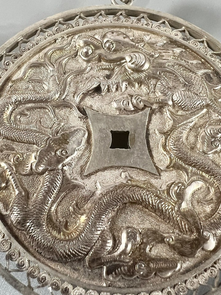 Signed Antique 900 Silver Large Filigree Chinese Double Dragon ...