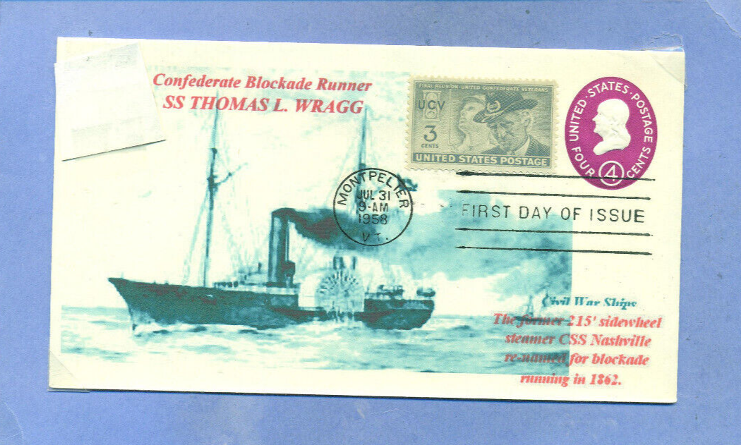 SS THOMAS L. WRAGG Confederate Blockade Runner Civil War Blue Cachet ...