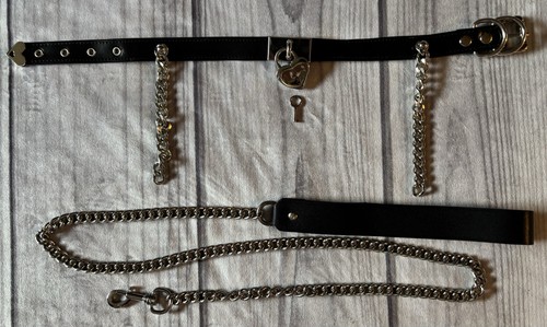 Punk Alternative Woman’s Necklace Collar W/ Chain Leash & Heart Lock W ...