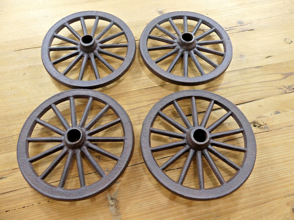 4 Small Cast Iron Wagon Wheel 6 3/4" Wide Table Cart Wheels Spoke ...