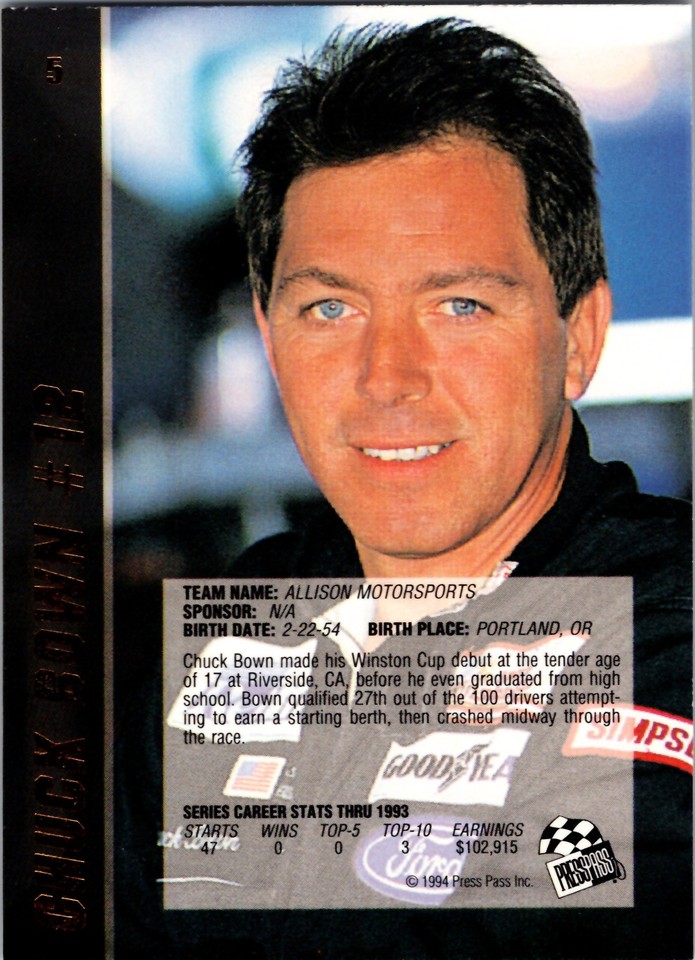Chuck Bown Bobby Allison Racing 1994 Press Pass VIP #5 | eBay