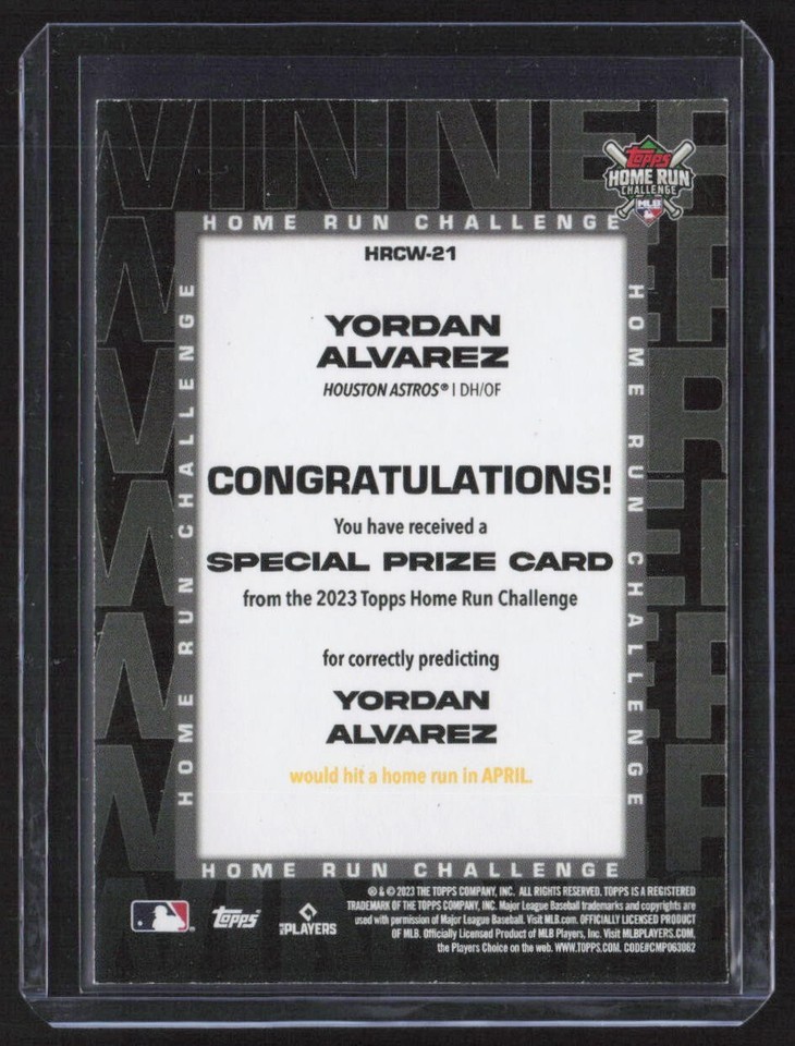 Yordan Alvarez Home Run Challenge APRIL WINNER 2023 Topps HRCW-21 /347 ...