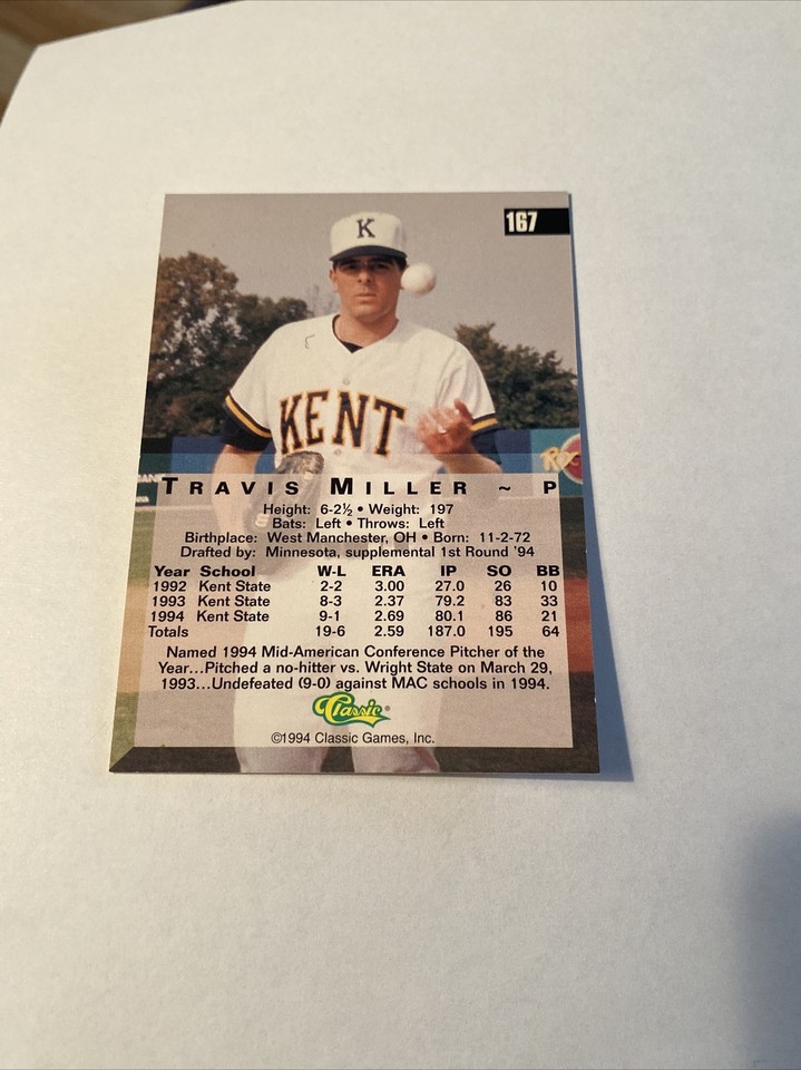 Travis Miller autographed baseball card 1994 Classic 4 Sport Rookie ...