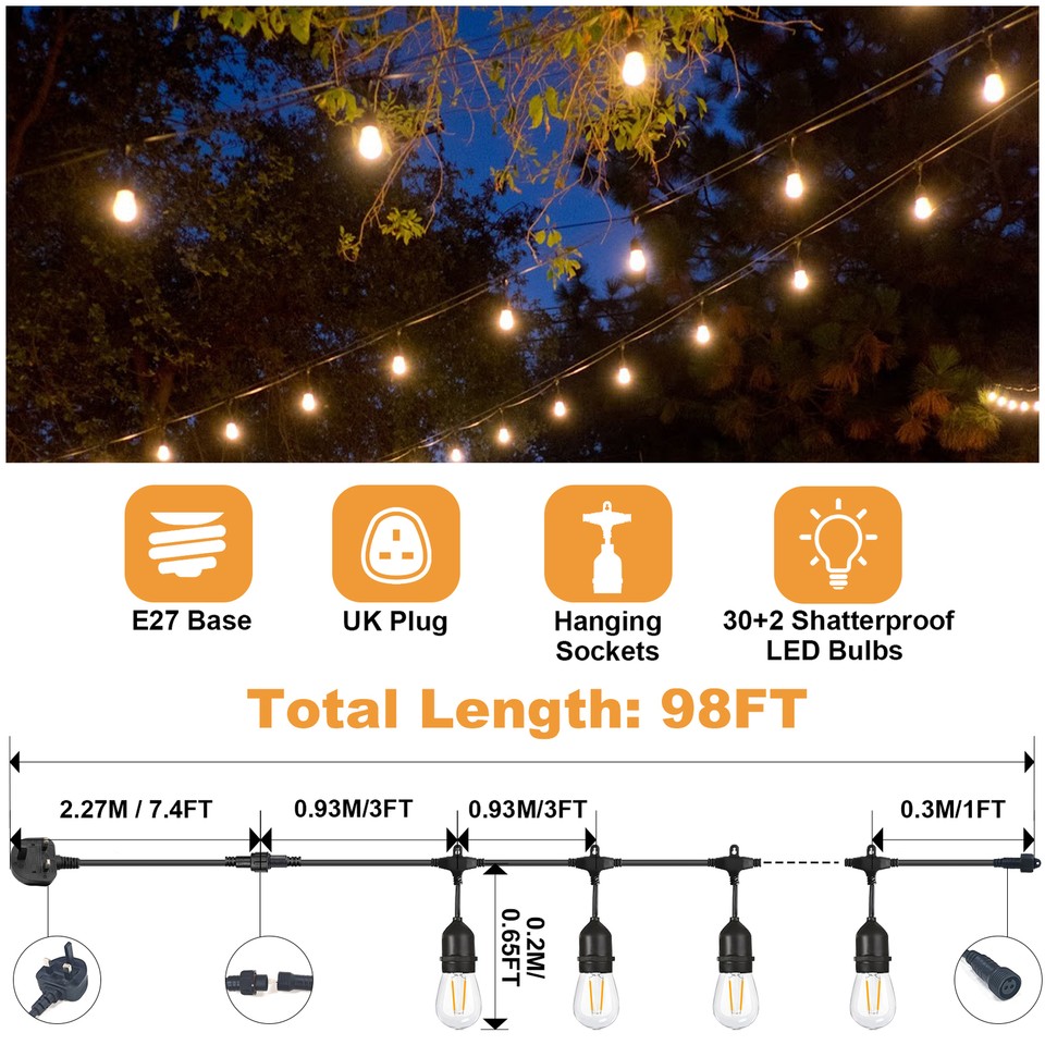 98FT Outdoor String Lights Mains Powered 30 Bulbs Garden String Festoon ...