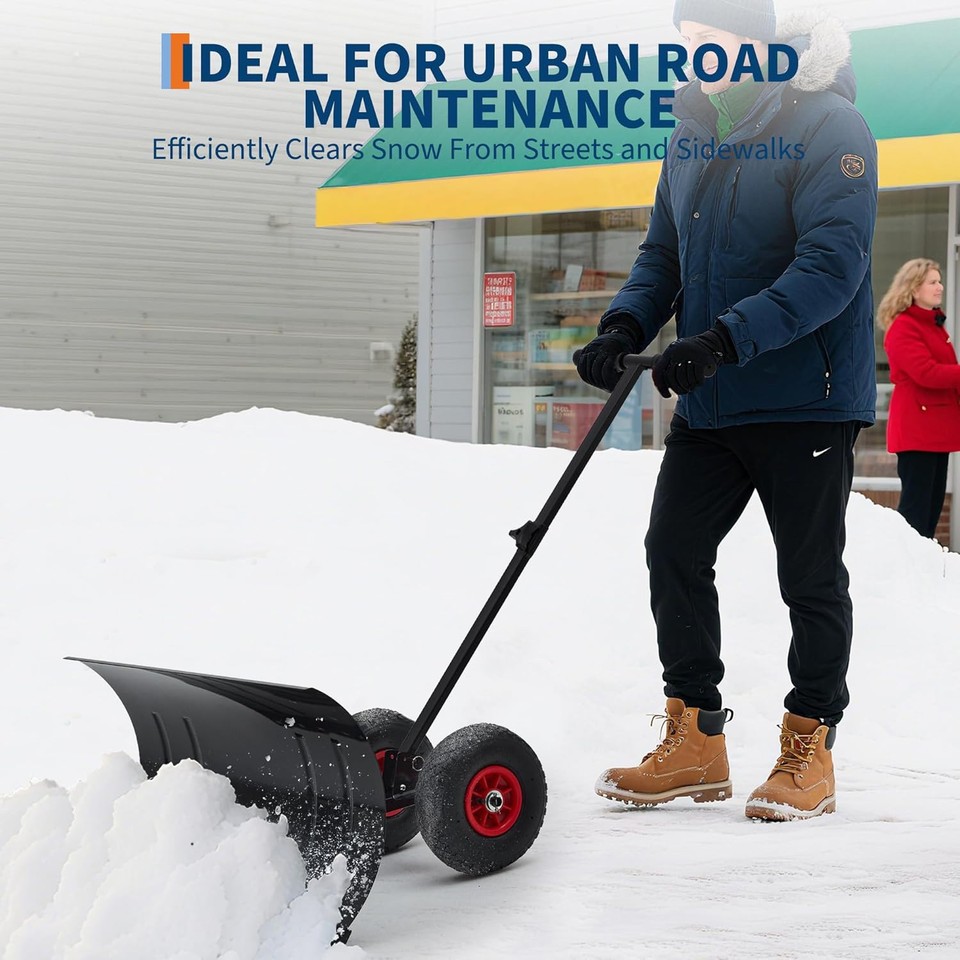 Snow Pusher Hand Plow for Snow Removal with Wheels Adjustable Handle ...