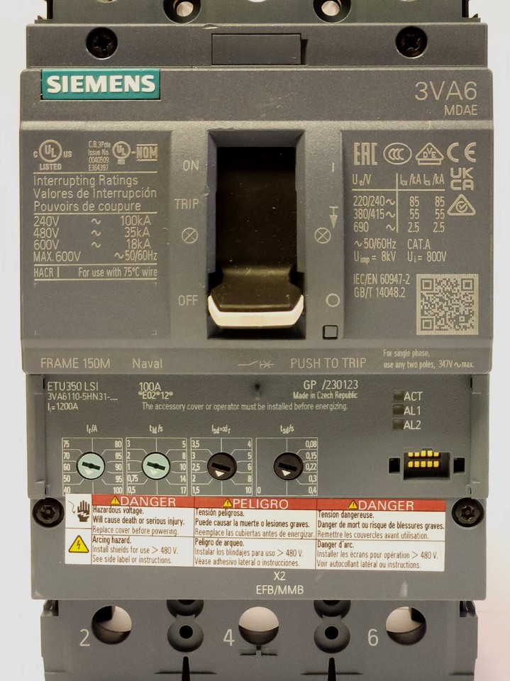 SIEMENS 3VA6110 5HN31 0AA0 3 Pole 100 AMP 3VA6 MDAE NAVAL Breaker ...