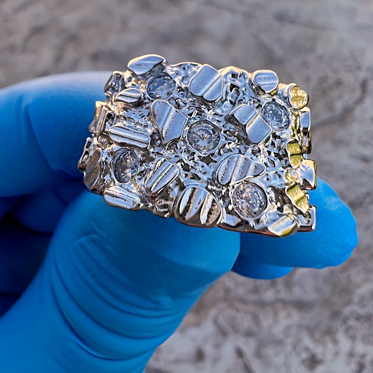 Nugget Ring For Men Natural 925 Sterling Silver Iced Flooded Out Cut CZ ...