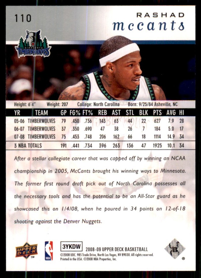 2008-09 Upper Deck Rashad McCants Minnesota Timberwolves #110 NBA ...