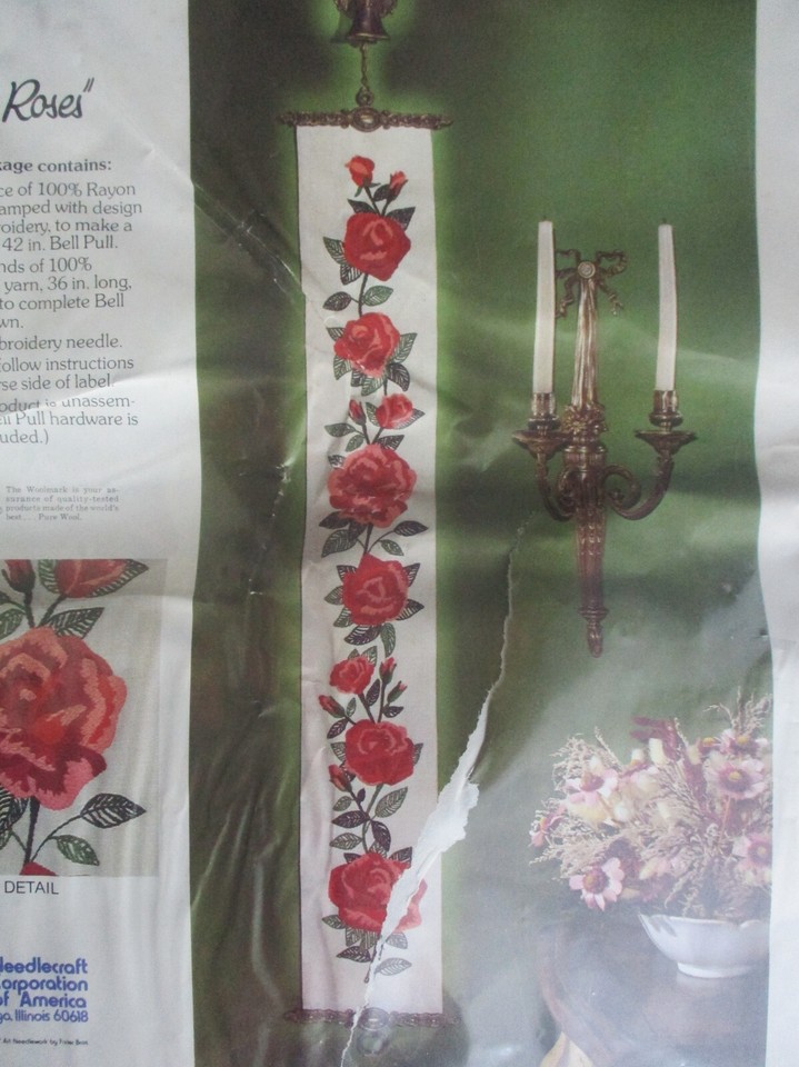 Vintage Crewel Embroidery Kit Roses Floral Bell Pull Wall Hanging ...