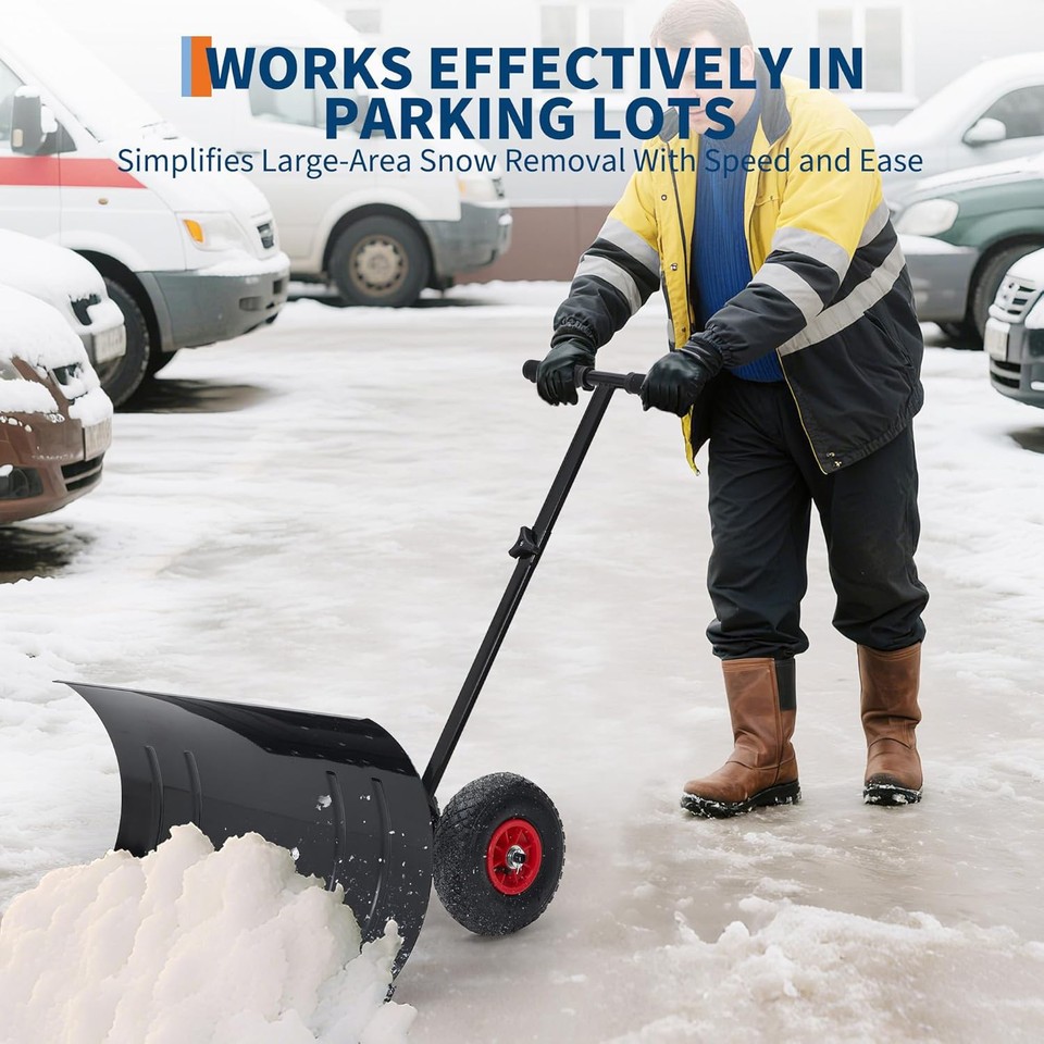 Snow Pusher Hand Plow for Snow Removal with Wheels Adjustable Handle ...