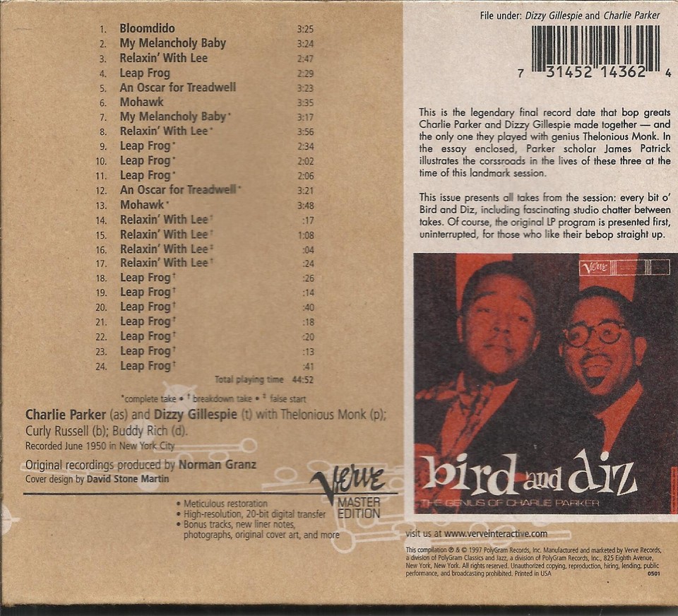 Charlie Parker & Dizzy Gillespie - Bird And Diz (CD 1997 PolyGram/Clef ...