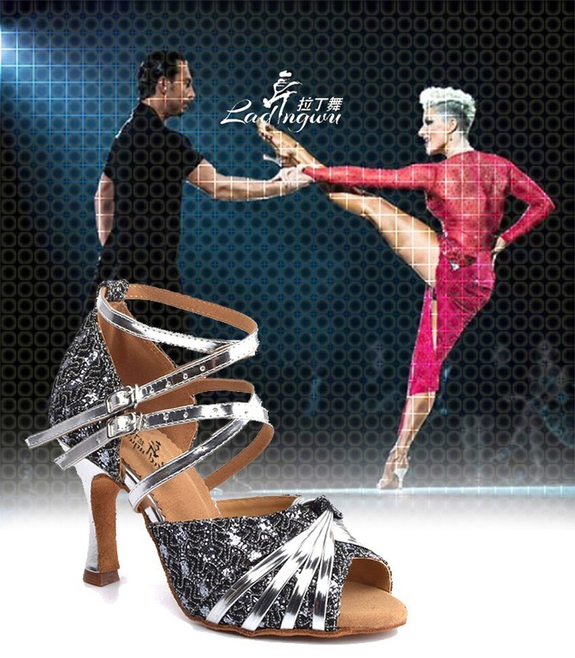Silver PU Women High Heels Shoes Ballroom Party Tango Salsa Latin Dance ...