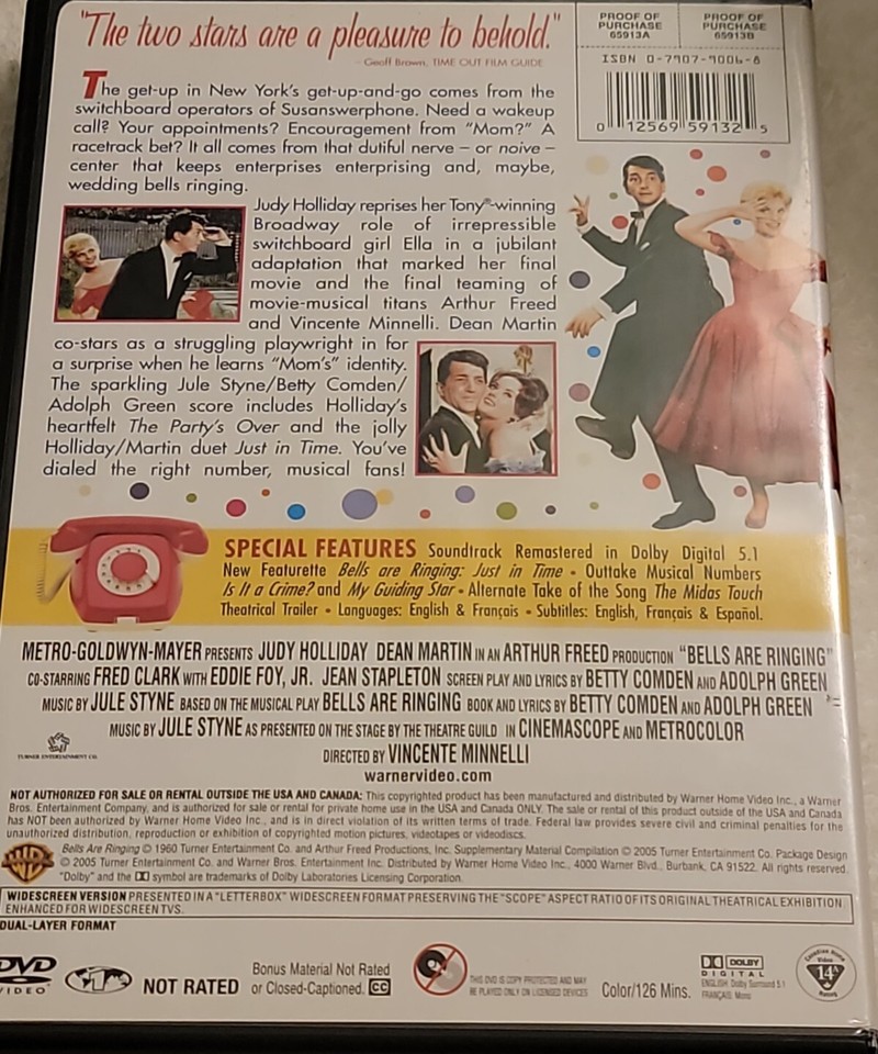 Bells Are Ringing DVD Warner Archive Judy Holliday , Dean Martin Rare ...