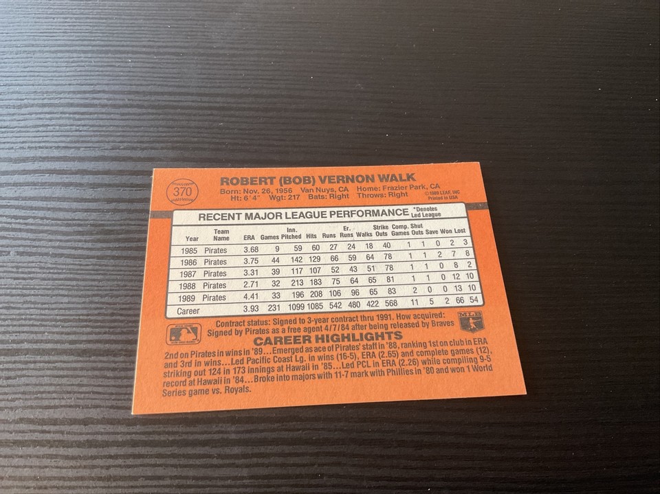 Bob Walk autographed Baseball Card (Pittsburgh Pirates) 1990 Donruss ...