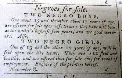 1798 Baltimore MD newspaper w 2 Ads NEGR0 SLAVES for SALE + RUNAWAY ...